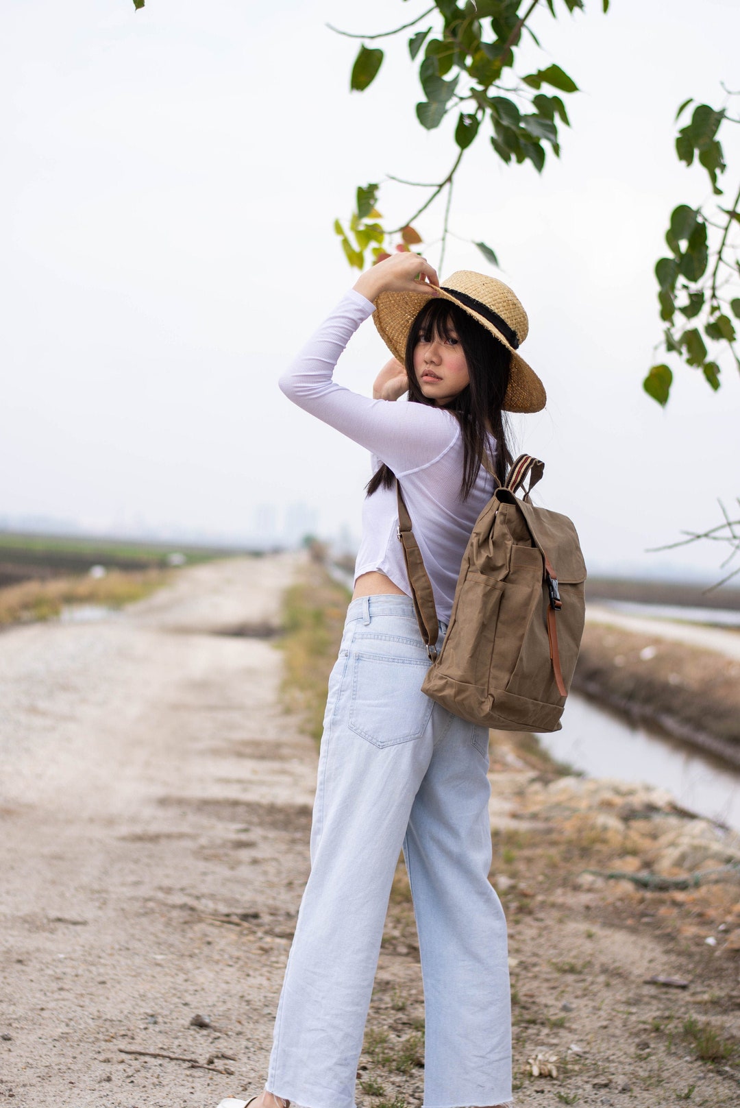 Khaki Waxed Canvas Laptop Backpack, Unisex School Work Backpack ...