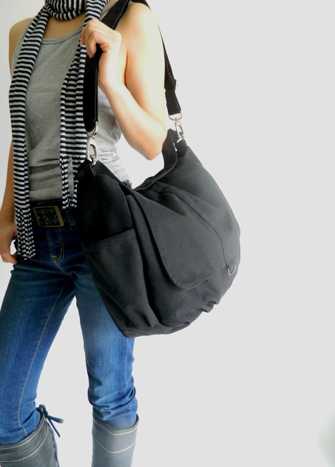 BLACK Canvas Messenger Bag, Travel Women Crossbody Diaper Bag, Gym ...