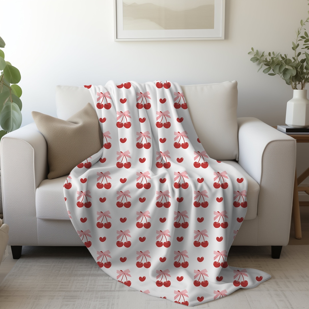 Cherry Hearts Blanket, Croquette Cherry Blanket, Cozy Blanket, Girly ...