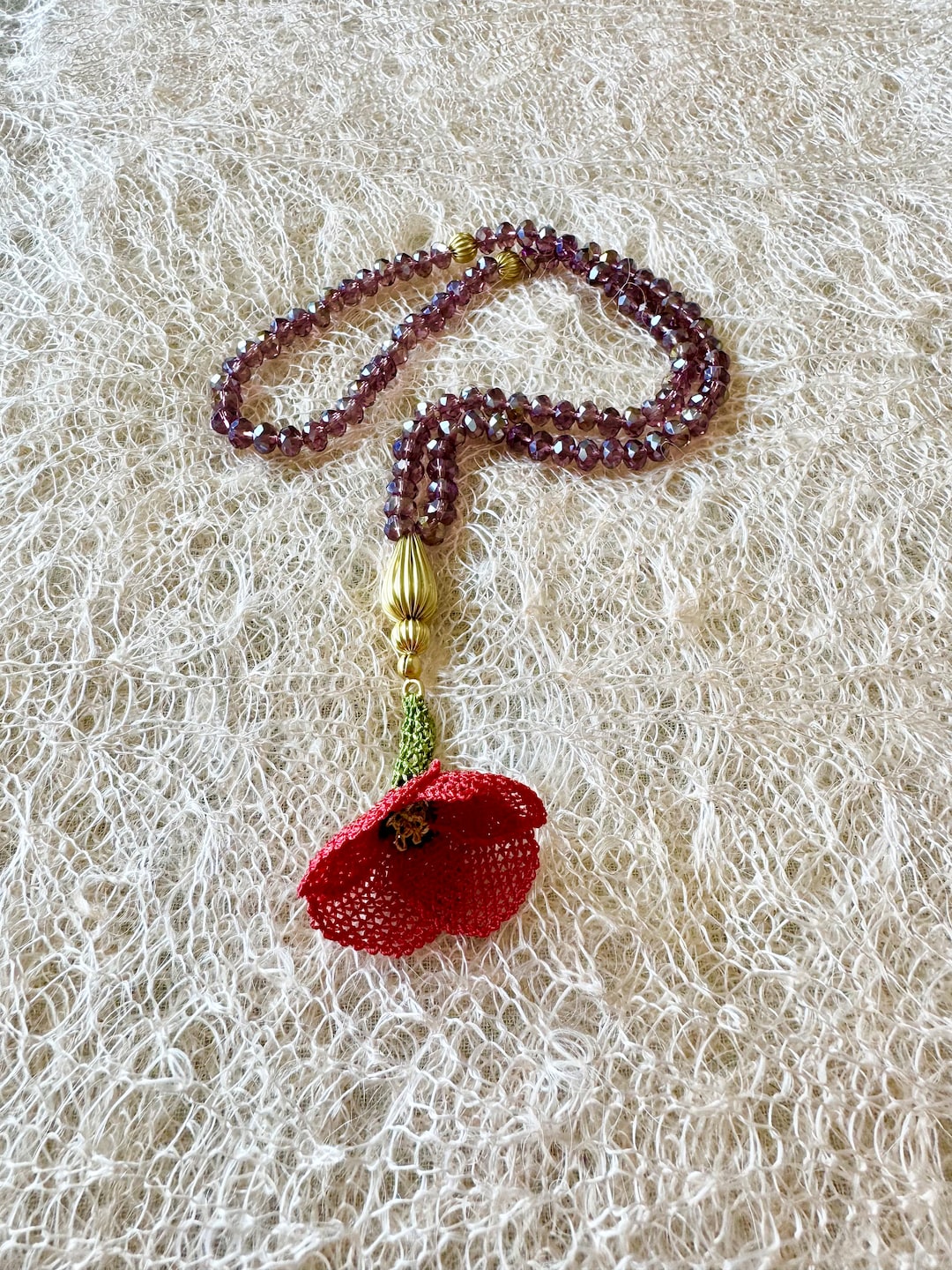 REAL Crystal Islamic Prayer Beads With Handmade Needle Lace, Natural ...