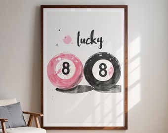 Vintage Pool Ball Print, Lucky 8 Ball Wall Art, Retro Hand Drawn Poster ...