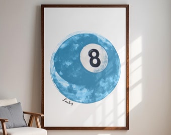Lucky 8 Ball Wall Art, Vintage Pool Ball Print, Sky Blue Pool Ball ...