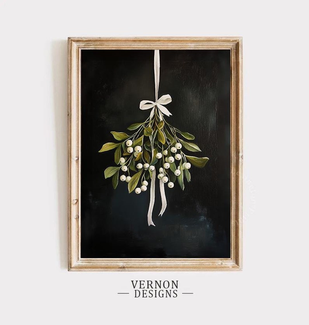 Vintage Mistletoe Painting, Christmas Decor Printable Wall Art, Dark ...