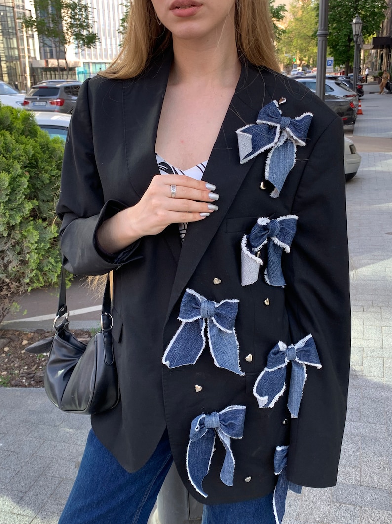 Custom Upcycled Jacket With Unique Handmade Design and Denim Bows - Etsy