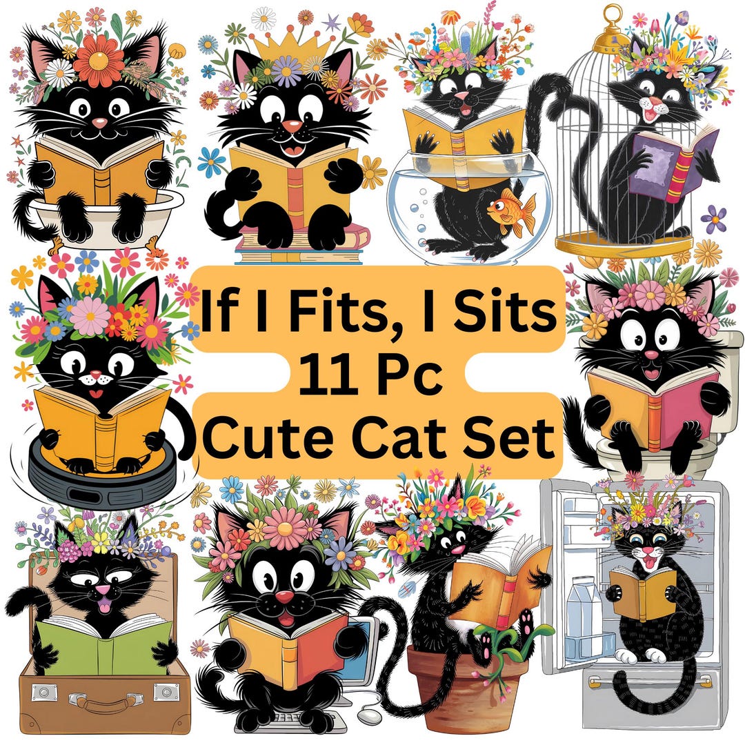Floral Cat Book PNG Clipart Set, Cute Black Cat Reading, Funny Bookish ...