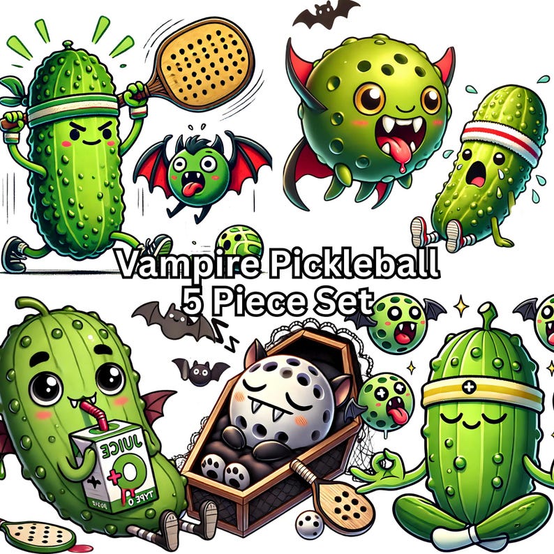 Vampire Pickleball Action Clipart Set, Funny Pickle Paddle PNG Bundle ...