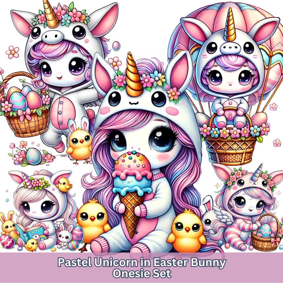 Easter Unicorn Bunny Pajama Clip Art Collection, Adorable Pastel ...