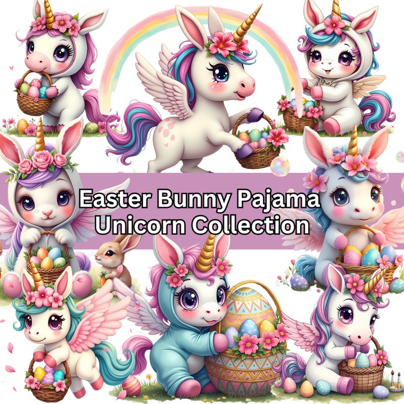 Easter Bunny Unicorn Pajama Clip Art Collection, Adorable Pastel ...