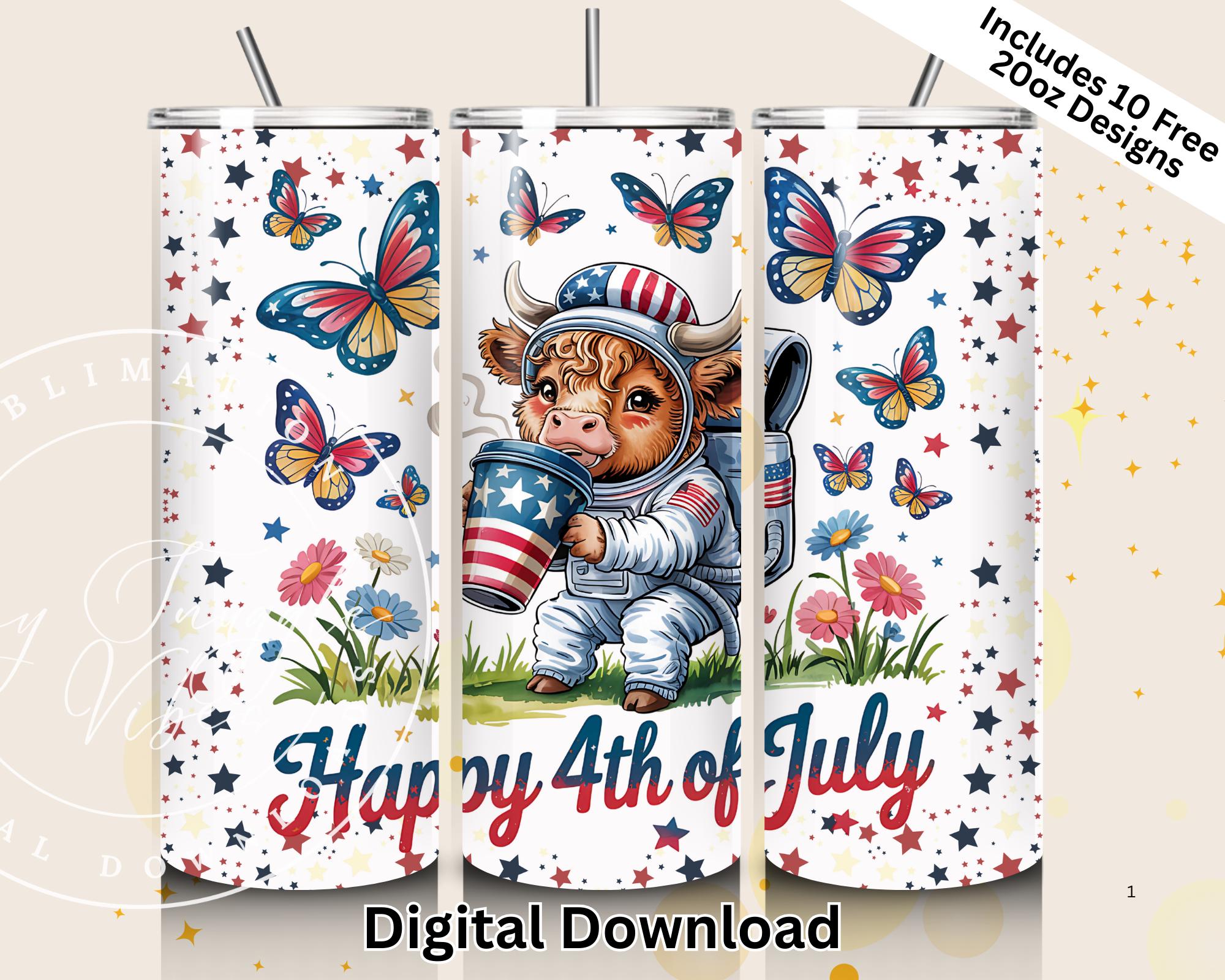 4th of July Doodle Art Tumbler PNG Digital Download, Astronaut Cow Sublimation Wrap With ...