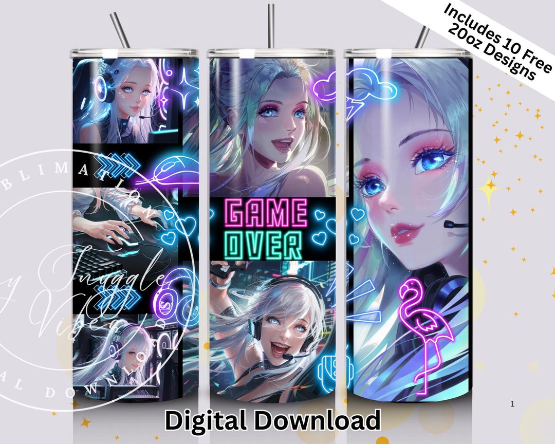 Cute Kawaii Gamer Girl Skinny Tumbler Sublimation Design 20oz PNG, Neon ...