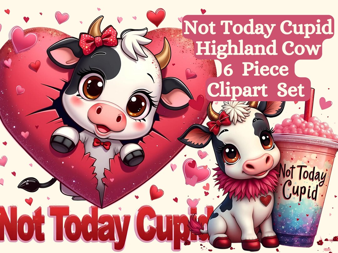 Whimsical Cupid Cow Valentines Clipart Set PNG Digital Download, Cute ...
