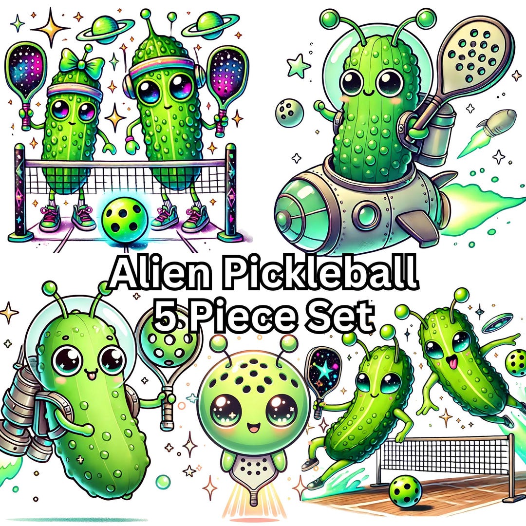 Alien Pickleball Clipart Set, Pickle Ballin' 5 PNG Designs Cute Pickle ...