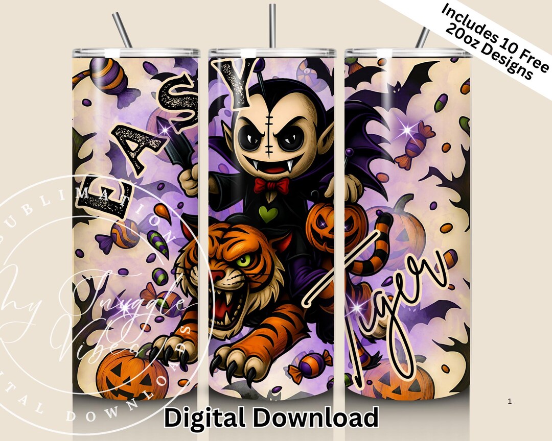 Voodoo Vampire Tumbler Wrap: Halloween Tiger & Bats (20oz Skinny PNG ...