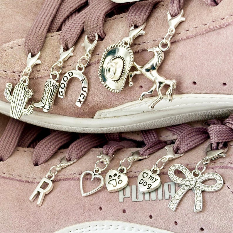 Cowgirl Shoe Charm Set: Silver Heart, Initial Charm, Y2K Sneaker ...