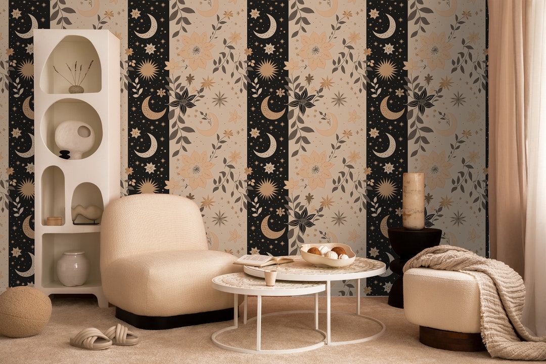 Beige Moon and Stars Wallpaper, Starry Sun and Night Peel and Stick ...