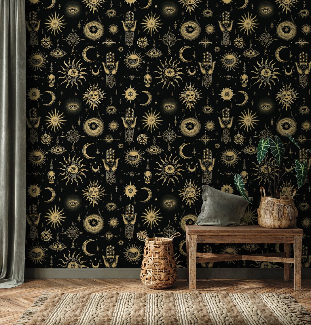 Dark Moon Gold Stars Gothic Wallpaper Peel Stick, Mystic and Scientific ...