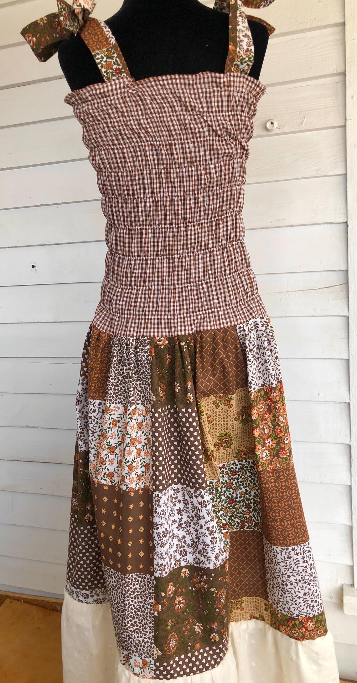 Small-large, Brown Prairie Romance Sundress, Tie Strap Dress, Summer ...