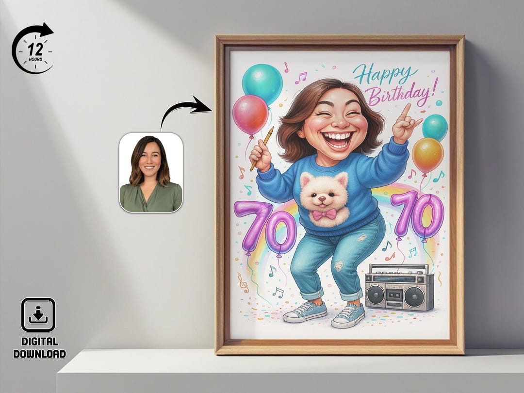 Custom 70th Birthday Caricature: Funny Cartoon Portrait (digital Gift ...