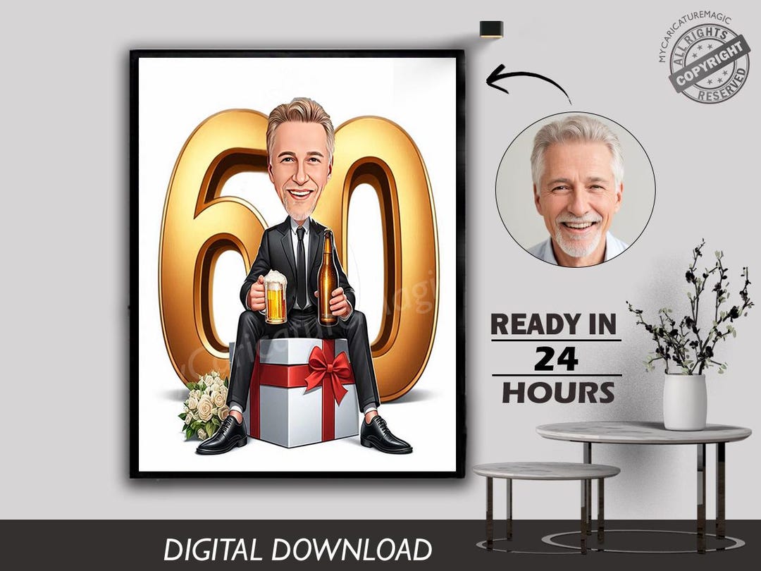 60th Birthday Caricature Gift for Him, Custom Photo Cartoon (digital ...