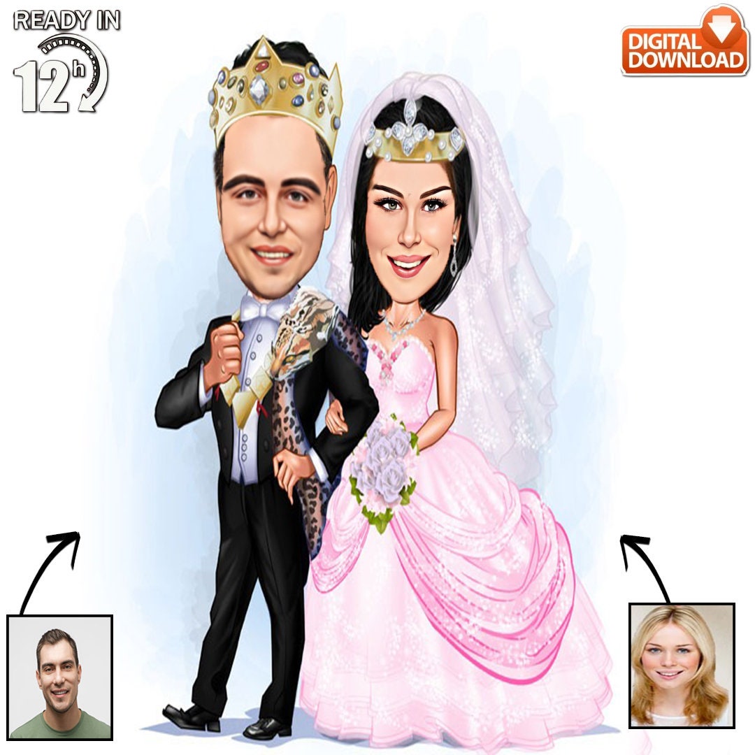 Happy Couple Wedding Day Couple Marriage Cartoon Portrait From Photo ...