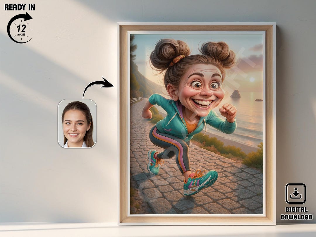 Custom Running Caricature Portrait: Personalized Fitness Gift (digital ...