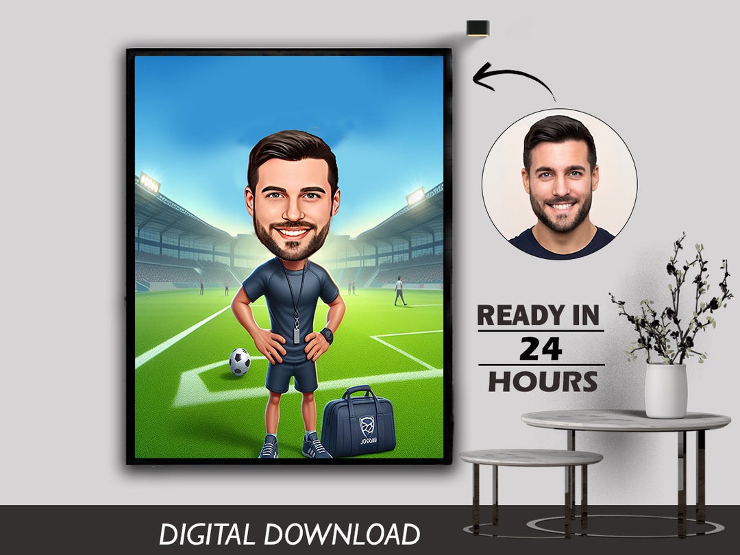 Custom Coach Football Cartoon Portrait, Football Portrait, Football ...