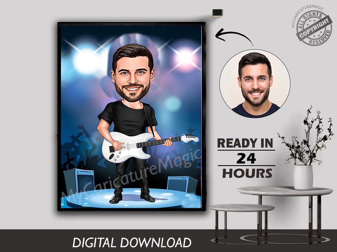 Custom Music Producer Cartoon Portrait: Guitar Caricature Gift (digital ...
