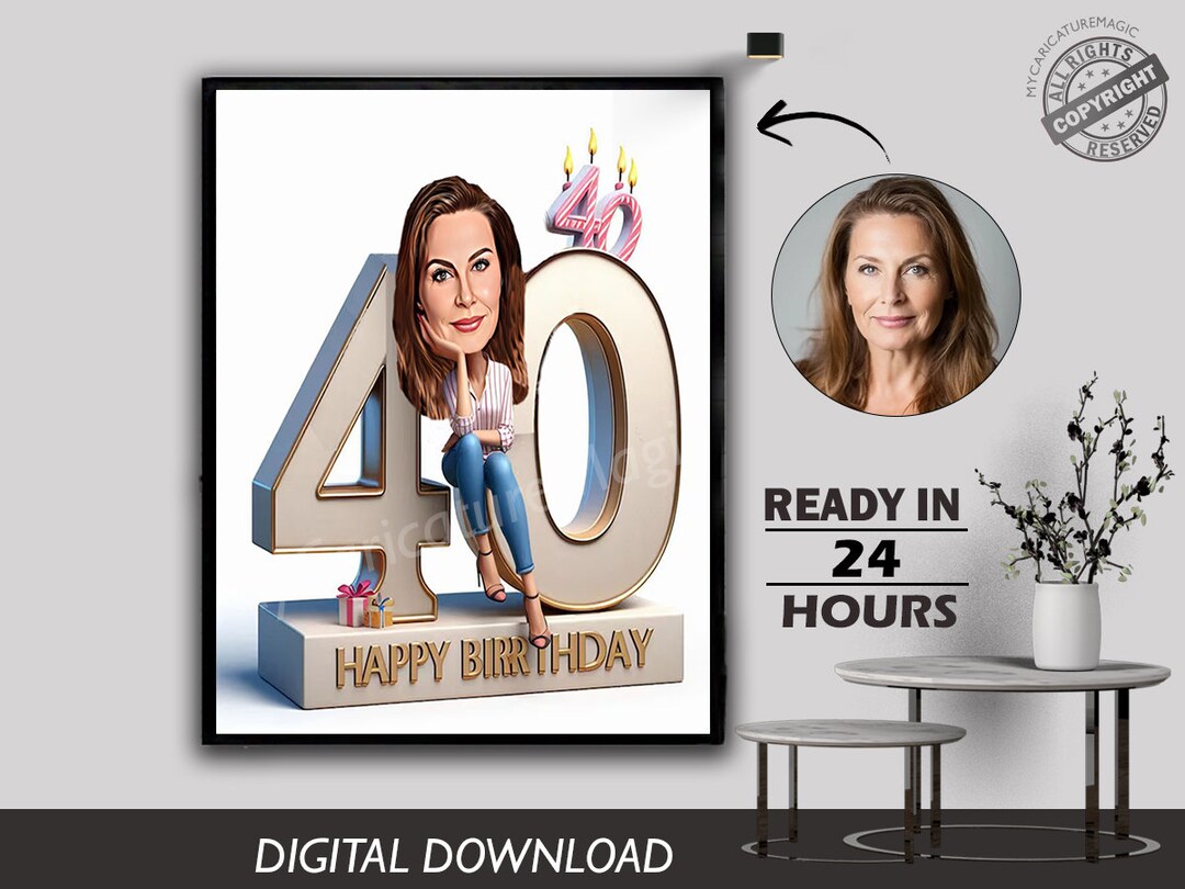 Bespoke 40th Birthday Caricature Gift Personalized Illustration Unique ...