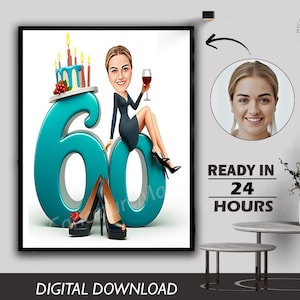 60th Birthday Caricature Gift: Custom Digital Portrait (digital ...