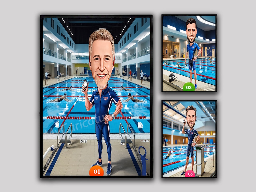 Bespoke Swimming Coach Caricature Portrait Swimming Coach Gift Swimmer ...