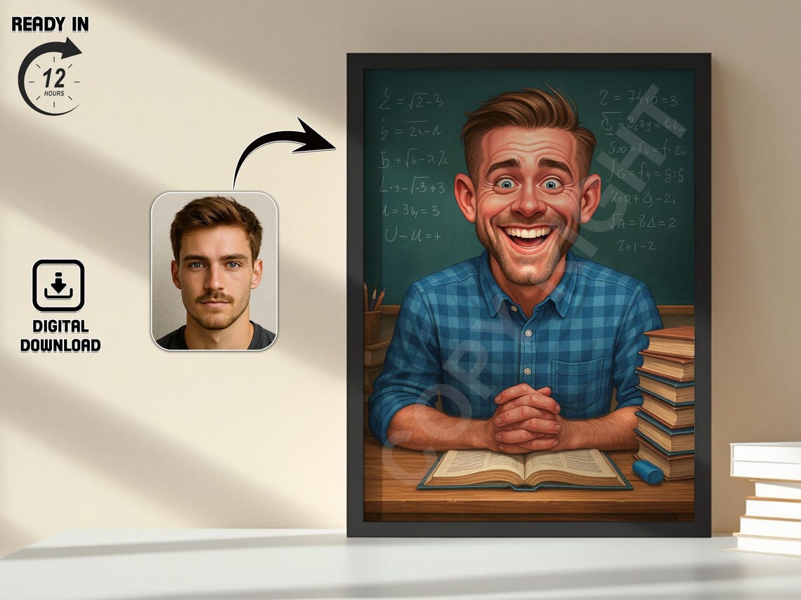 Custom Math Teacher Caricature: Funny Cartoon Portrait (digital ...