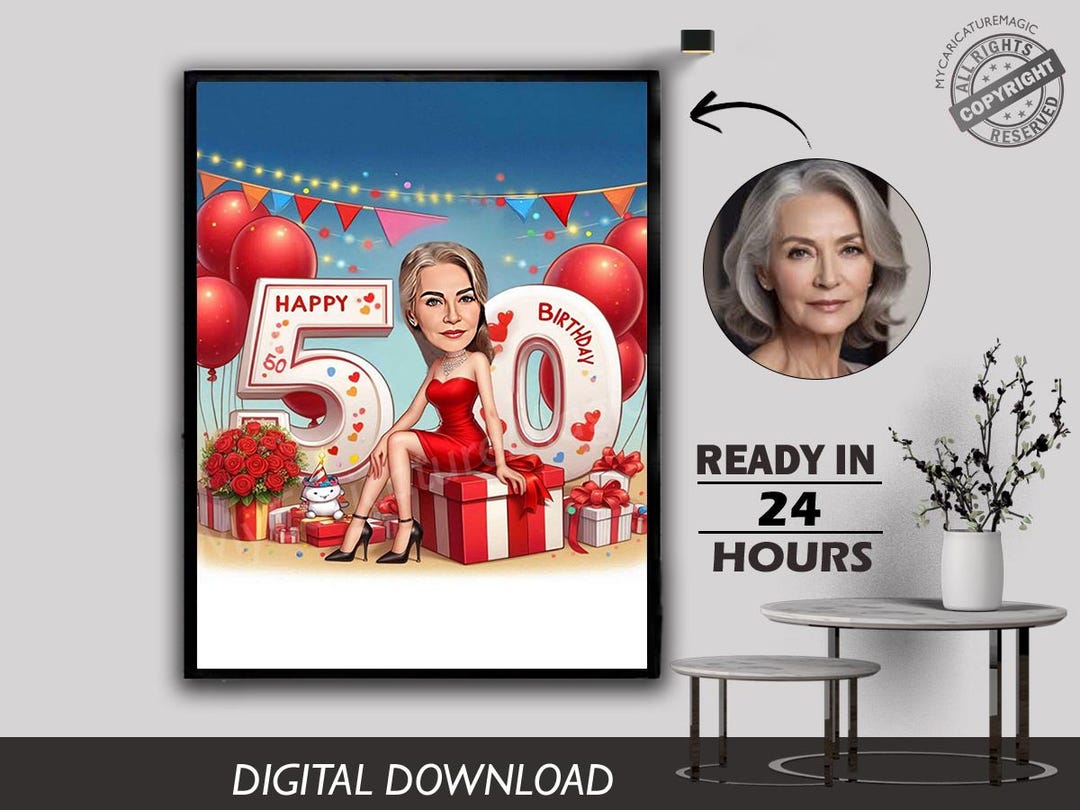 Ladies Female Girls 50th Birthday Caricature Gift Unique Celebration ...