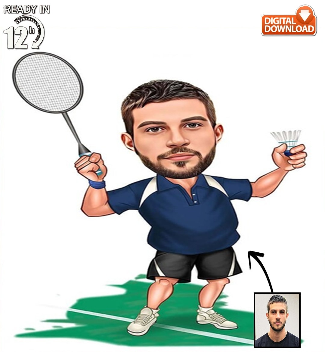 Personalized Badminton Player Cartoon Portrait, Badminton Caricature ...