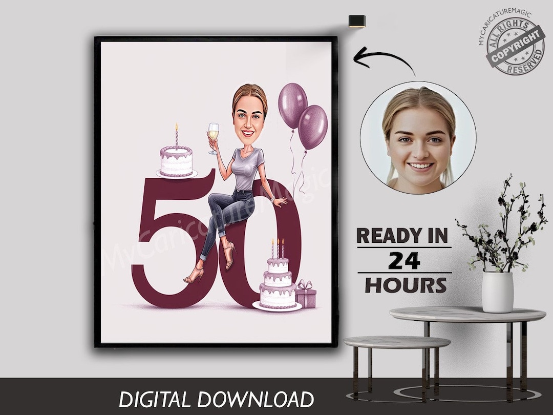 50th Birthday Caricature Gift Custom Personalized Illustration Unique ...