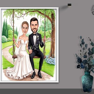 Personalized Married Couple in Garden Cartoon Custom Caricature Lawn Swing Marriage Caricature ...