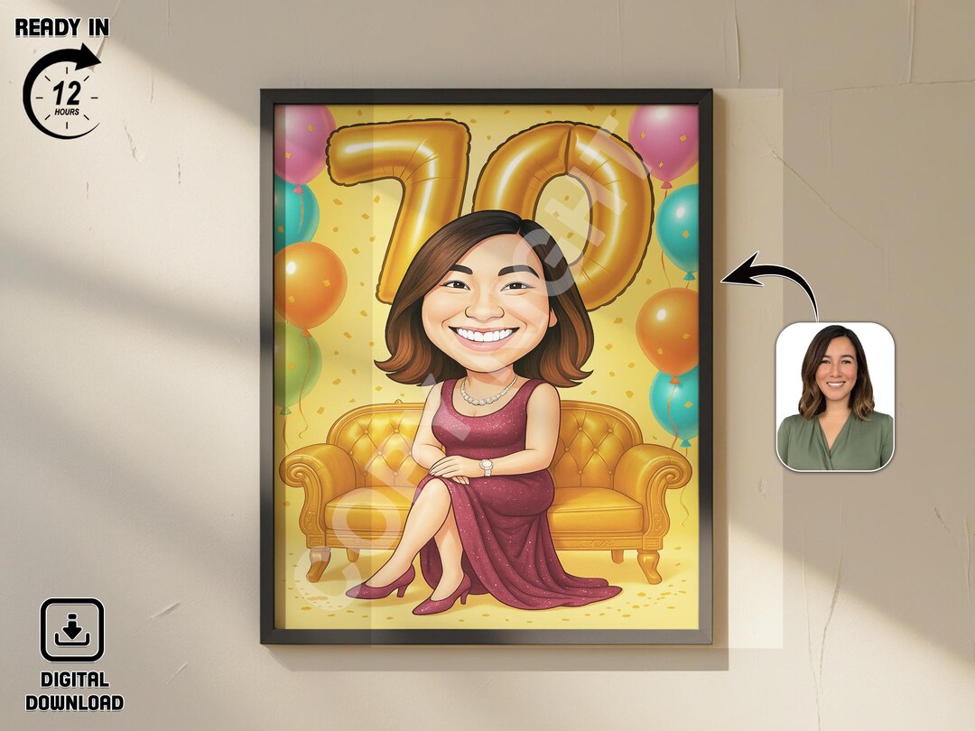 70th Birthday Caricature, Custom Woman Cartoon Portrait, Digital ...