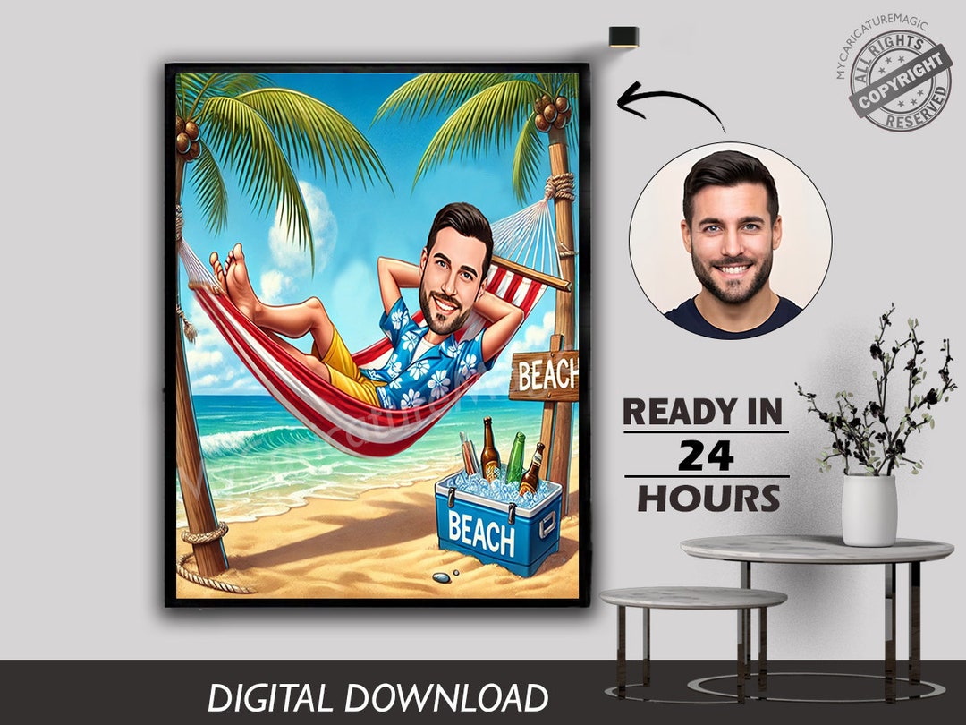 Custom Beach Vacation Caricature Art: Personalized Retirement Gift ...