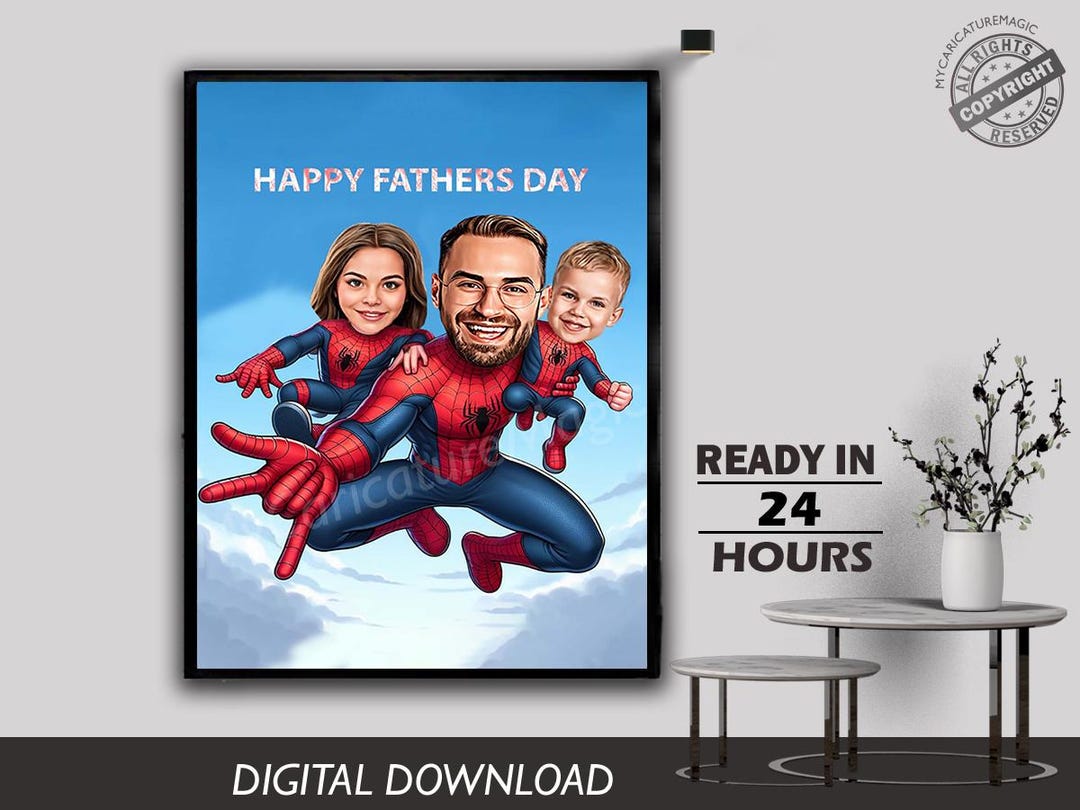 Fathers Day Superhero Spider Man Dad Family Caricature Cartoon Drawing ...