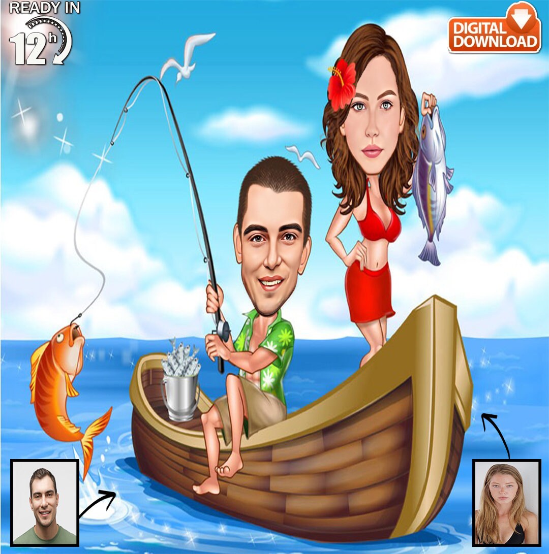 Bespoke Couple Fishing Portrait, Couple Fishing Together, Custom ...