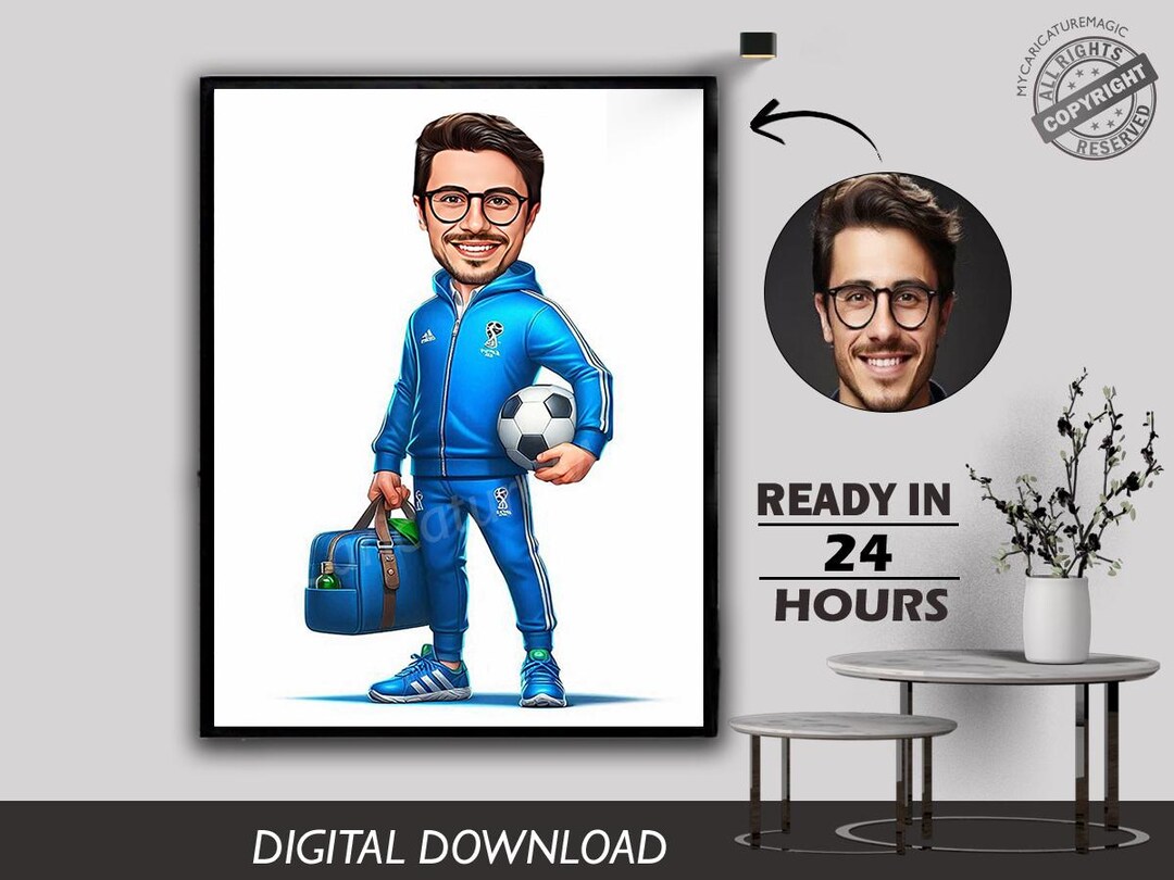 Male Football Coach Caricature Portrait Athletic Coach Gift for Male ...