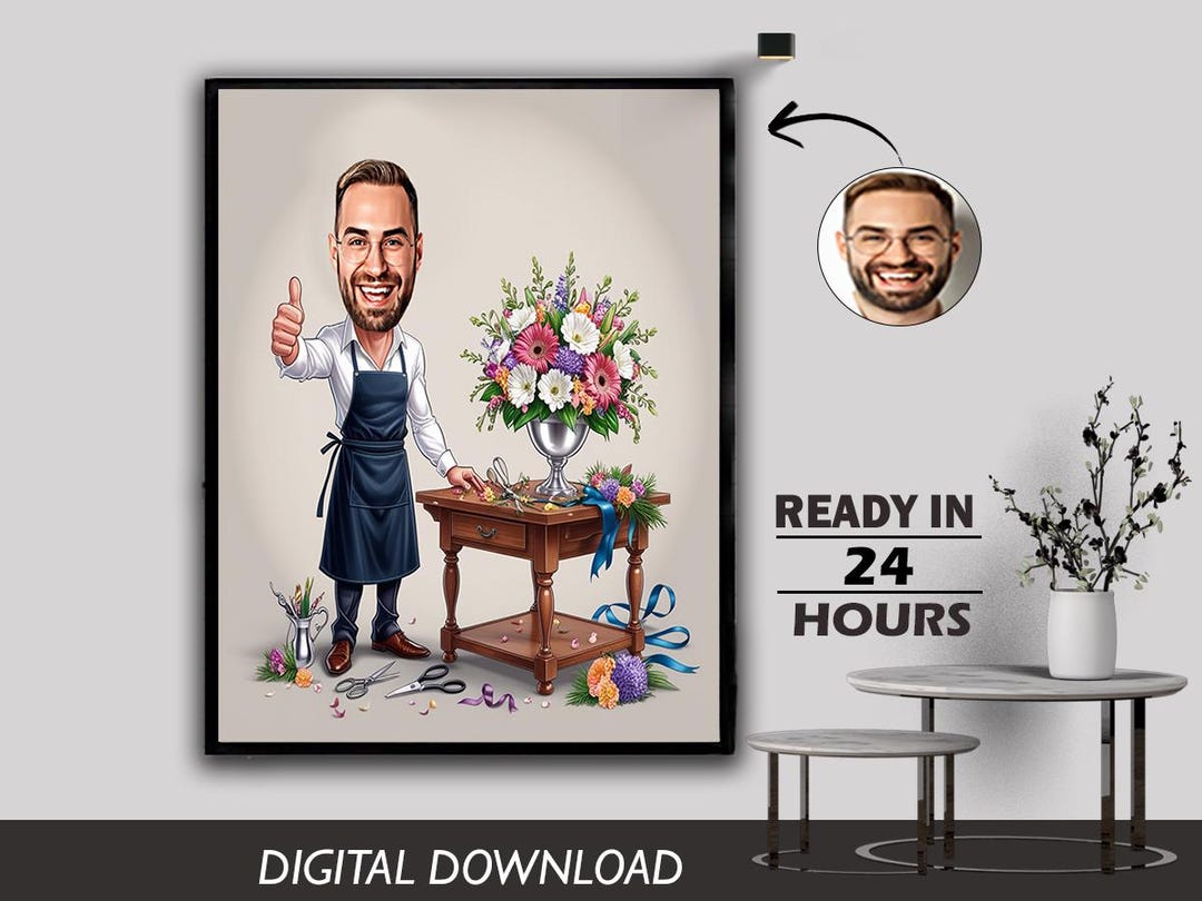 Personalized Caricature of Funny Male Decorator Flower Setter Standing ...