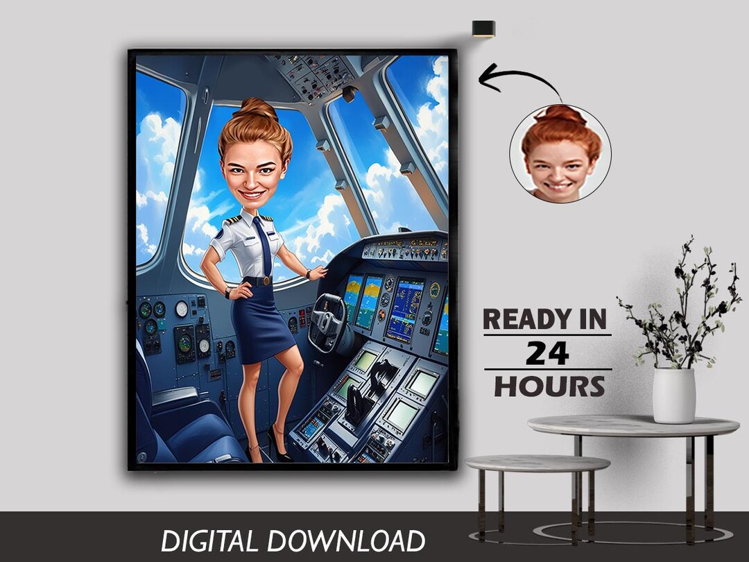 Female Pilot Caricature Cartoon Portrait Gifts Aviation Airplane ...