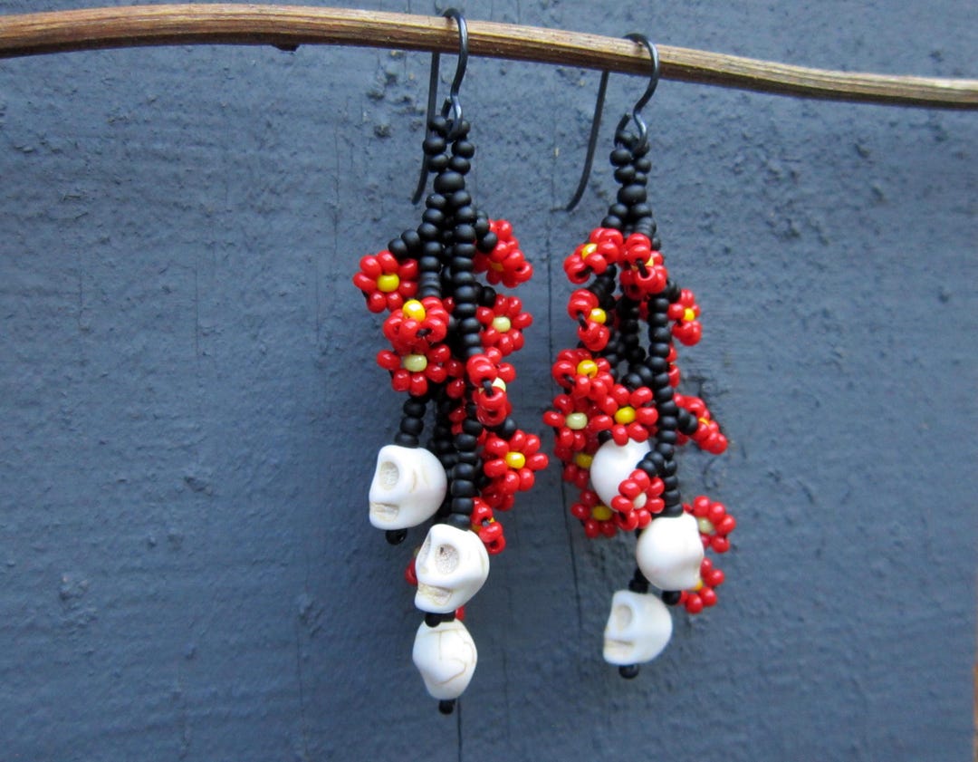 Day of the Dead Earrings, Seed Bead Flowers, Howlite Skulls, Niobium ...