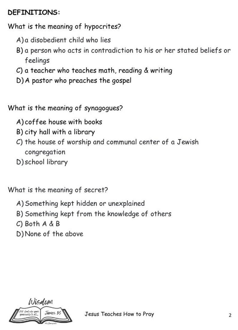 Jesus Teaches Prayer - Matthew 6 - Bible Story Worksheets (PDF Download ...