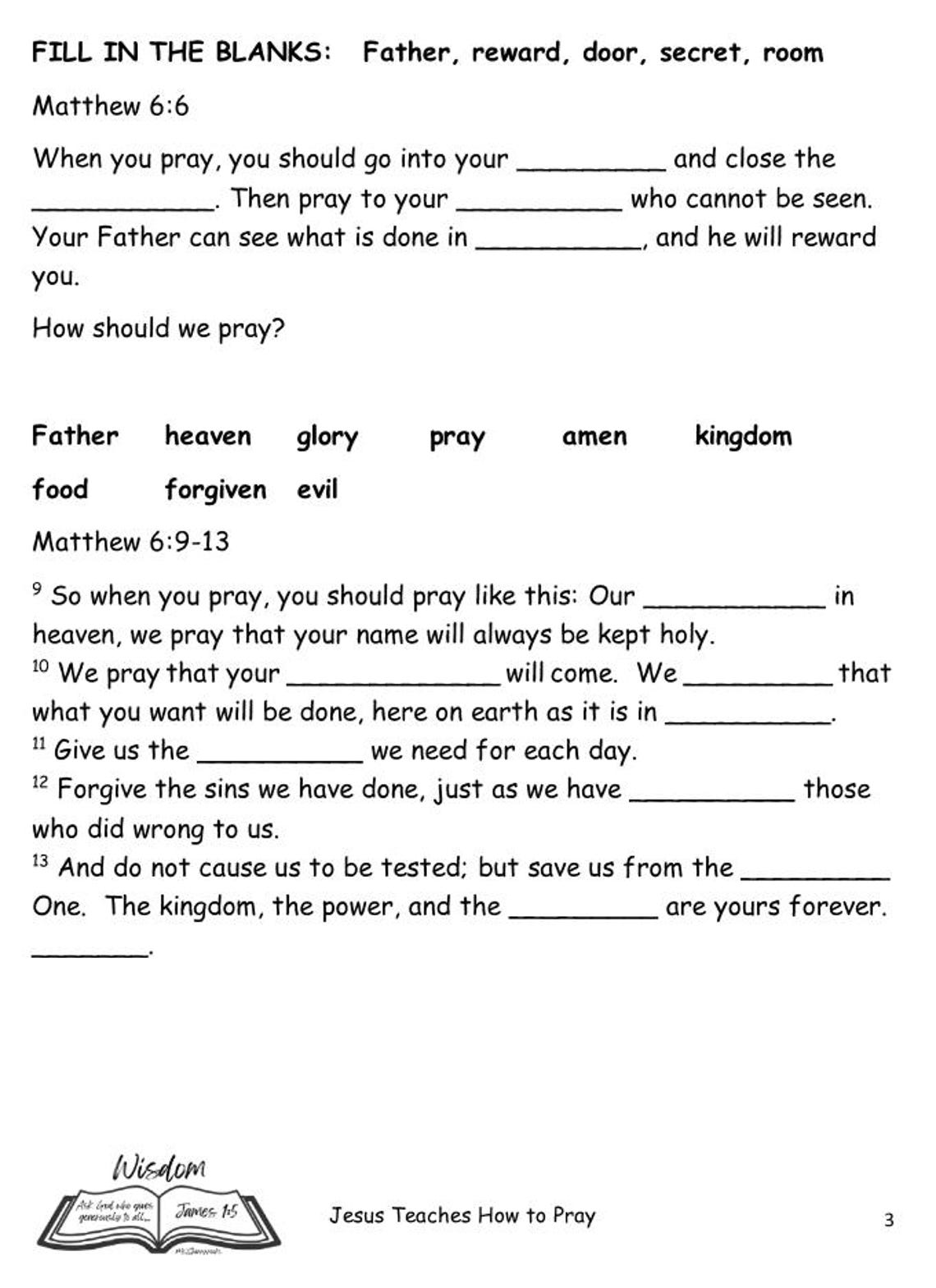 Jesus Teaches Prayer - Matthew 6 - Bible Story Worksheets (PDF Download ...