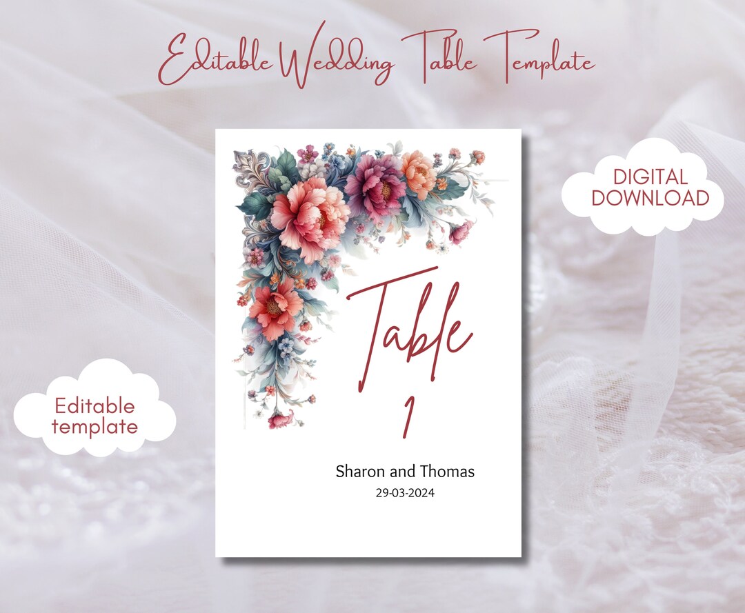 Editable Pink Floral Table Number Template, Wedding Stationary, Pink ...