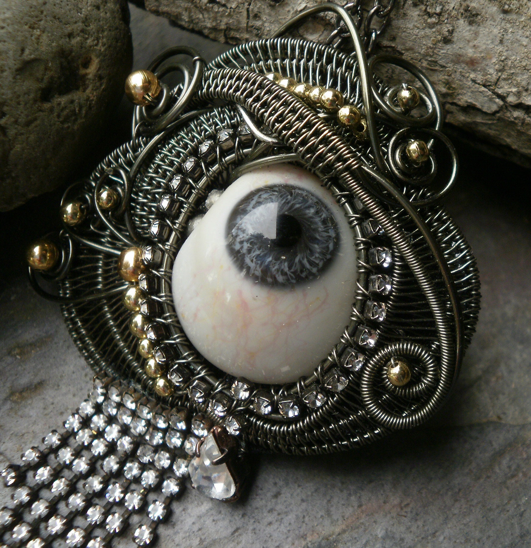 Gothic Steampunk Antique Prosthetic Blue Eye Pendant with Rhinestone Fringe