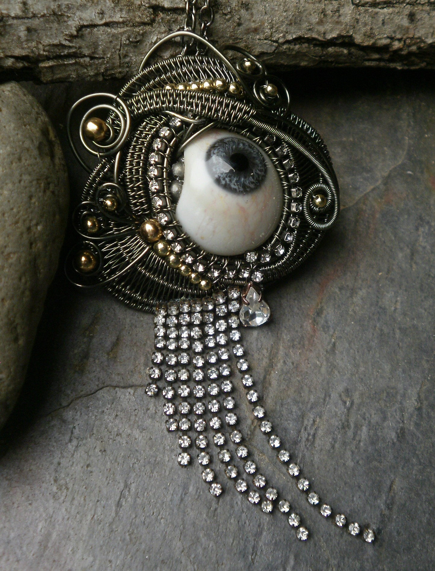 Gothic Steampunk Antique Prosthetic Blue Eye Pendant with Rhinestone Fringe