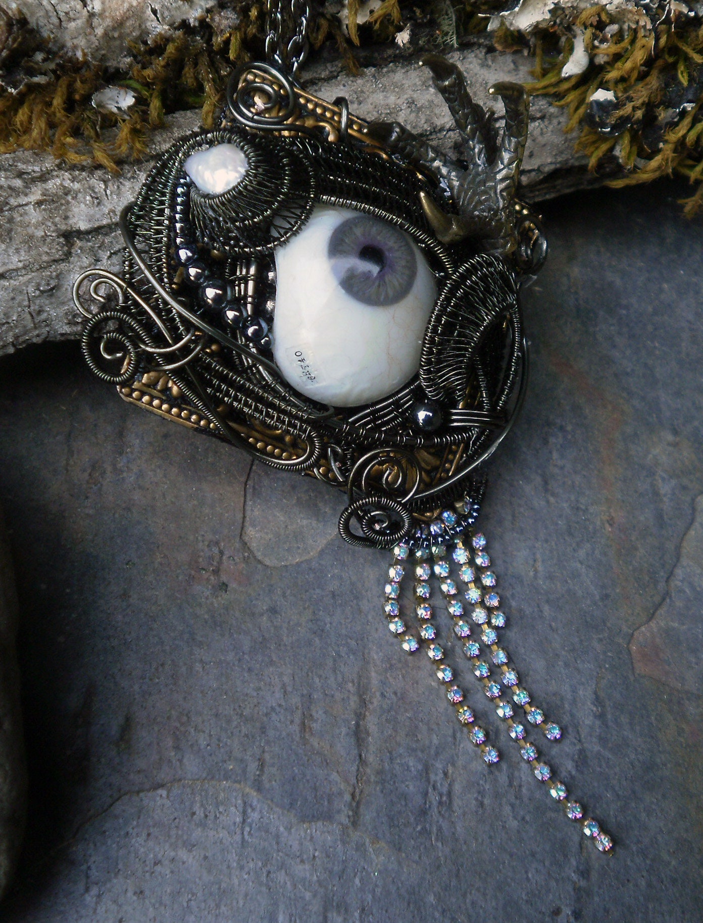 Gothic Steampunk Antique Prosthetic Grey Eye Pendant with Rhinestone ...
