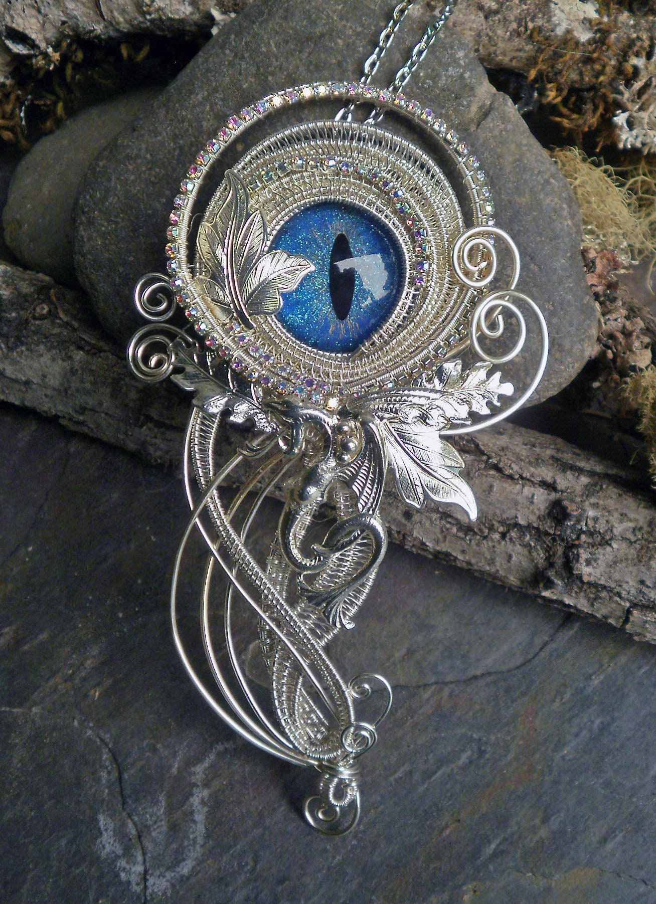 Gothic Steampunk Blue Eye Pin Pendant with Silver Dragon